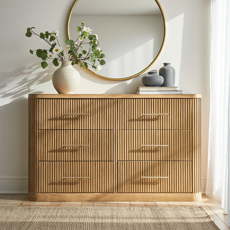 Verral Solid Wood Fluted Dresser with Oak Texture - 6 Drawers - HULALA HOME