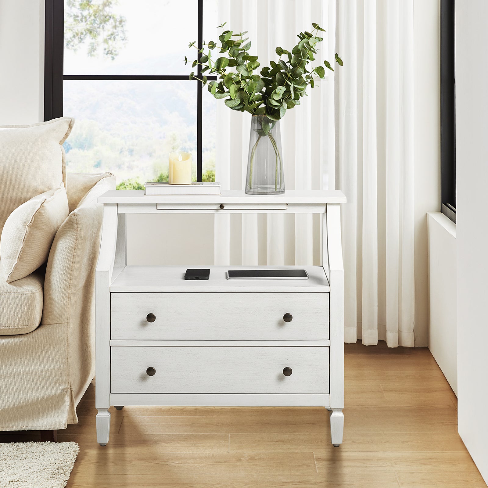 Hulala Home Grace 2 Drawer Nightstand Chest with Built in Outlets White
